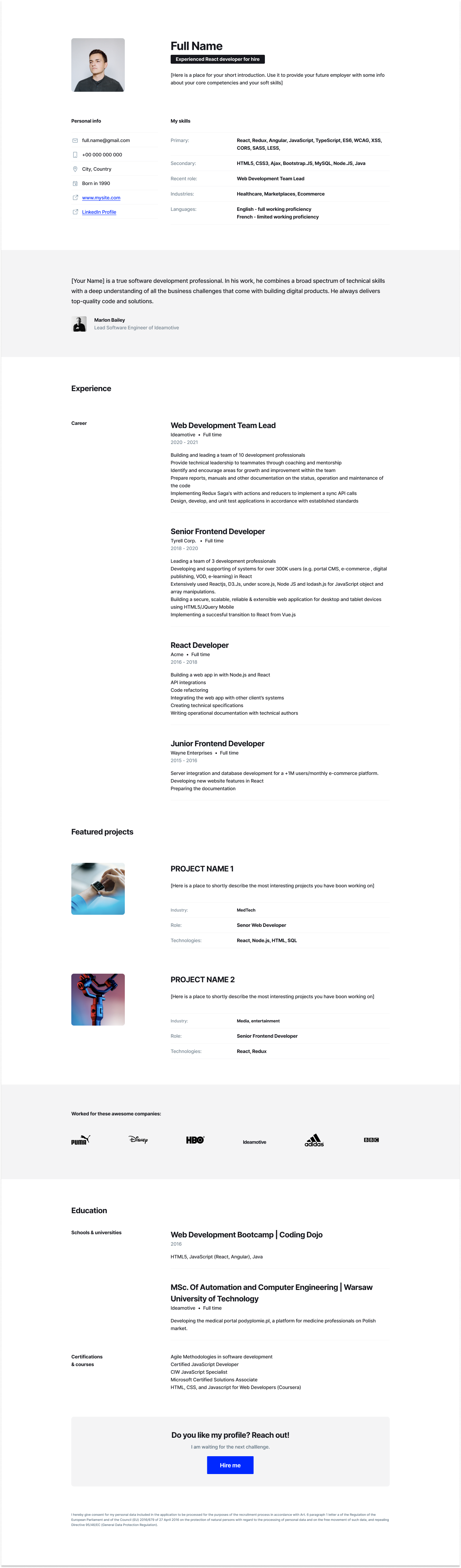 Free React Developer Resume Template